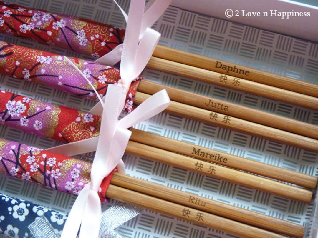 20 Pairs of Engraved Chopsticks in Fabric Sleeves and Ribbons ...