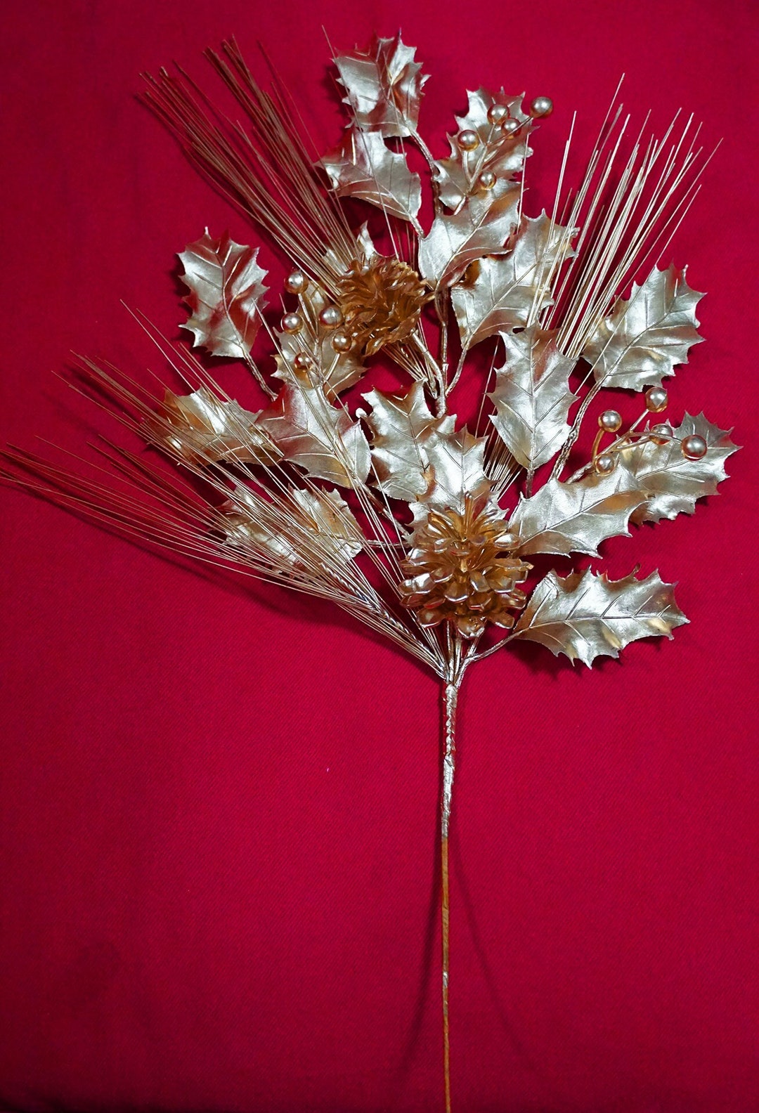 Christmas Golden Pine Holly Leaves Branch Stalk-artificial Pine Holly ...