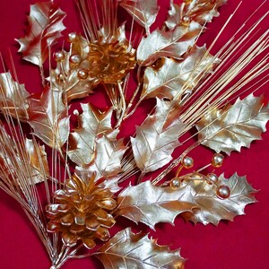 Christmas Golden Pine Holly Leaves Branch Stalk-artificial Pine Holly ...