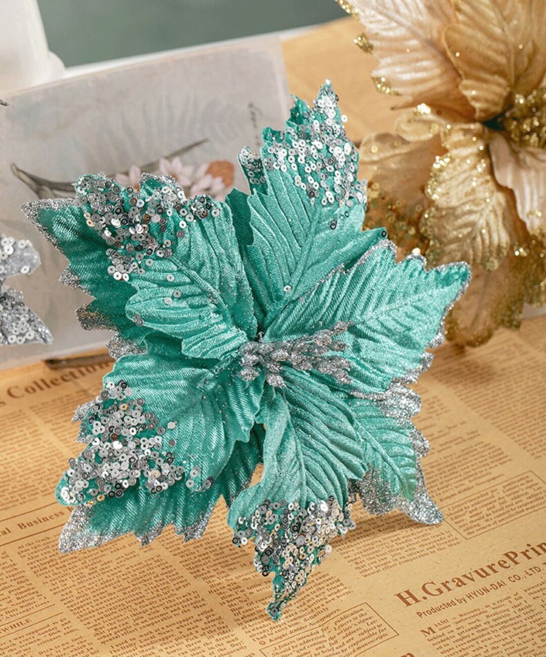 Christmas Glitter Cyan Blue Poinsettia Faux Flower With Sequins-red ...