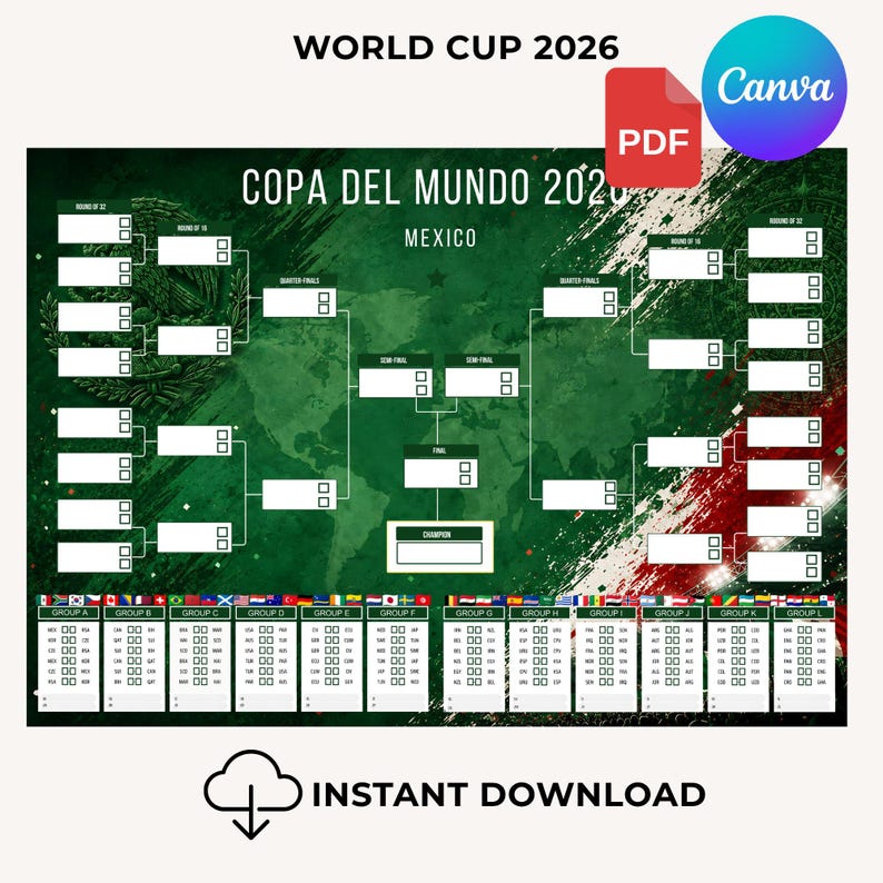 World Cup 2026 Poster Printable PDF Canva Bracket Track Mexico Edition ...