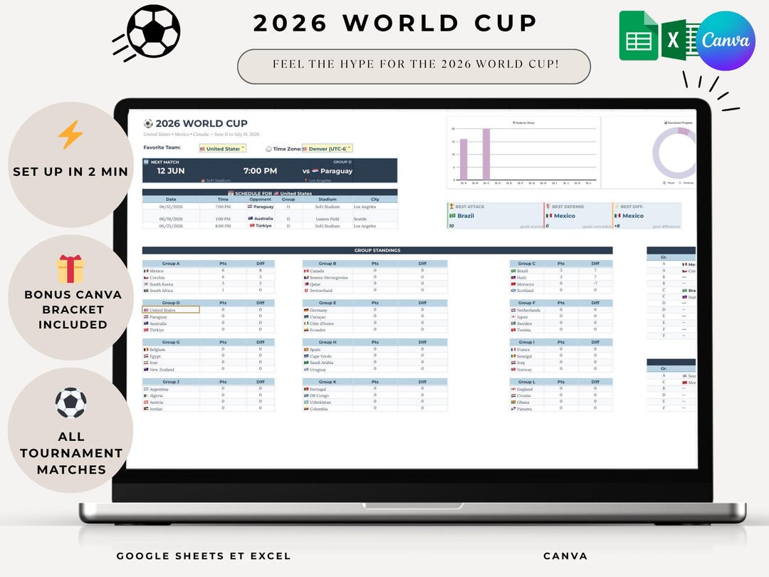 2026 World Cup Soccer Tracker Excel Google Sheets, Match Schedule ...