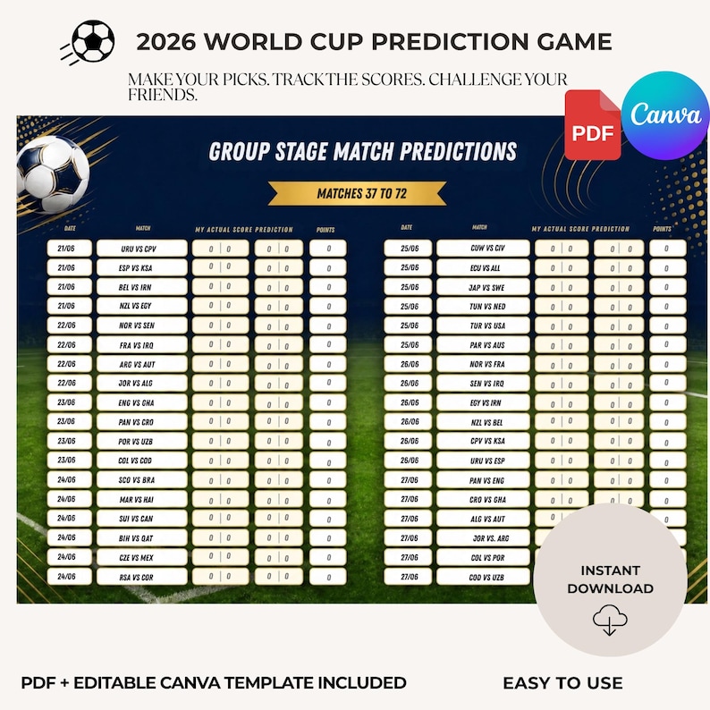 2026 World Cup Prediction Game | Bracket & Score Tracker | PDF + Canva ...