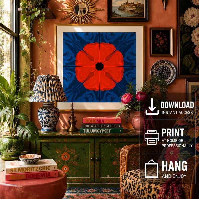 Moody Red Flower Botanical Print, Modern Floral Wall Art (digital ...