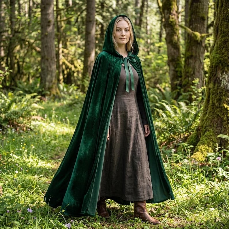 Green Velvet Hooded Cloak Women, Medieval Cape Costume, Fantasy Cloak ...
