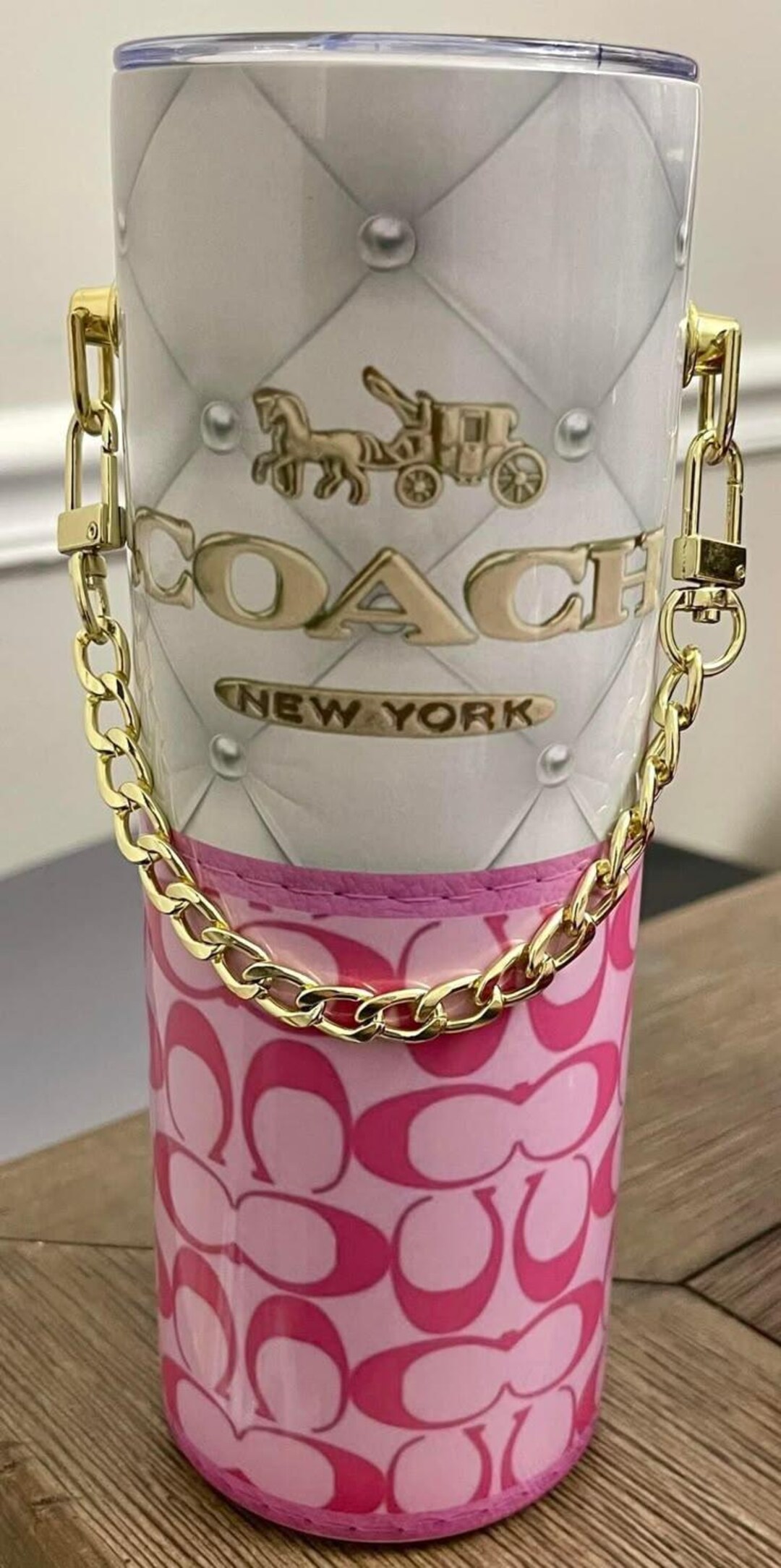 Custom Quilted Tumbler With Gold Chain Accent – Pink Monogram Design - Etsy