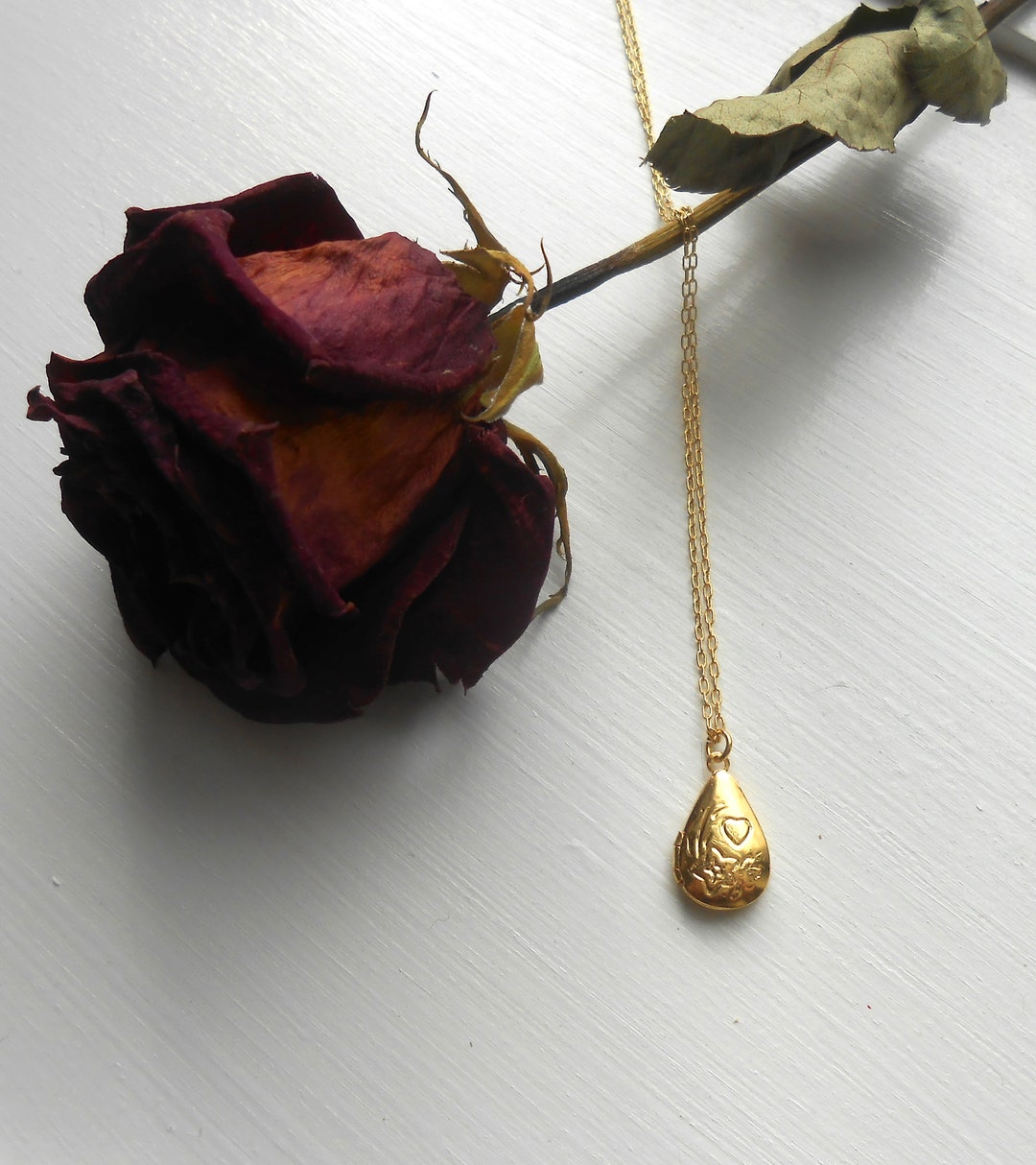 Tiny Teardrop Locket Necklace Engraved Floral Heart - Etsy