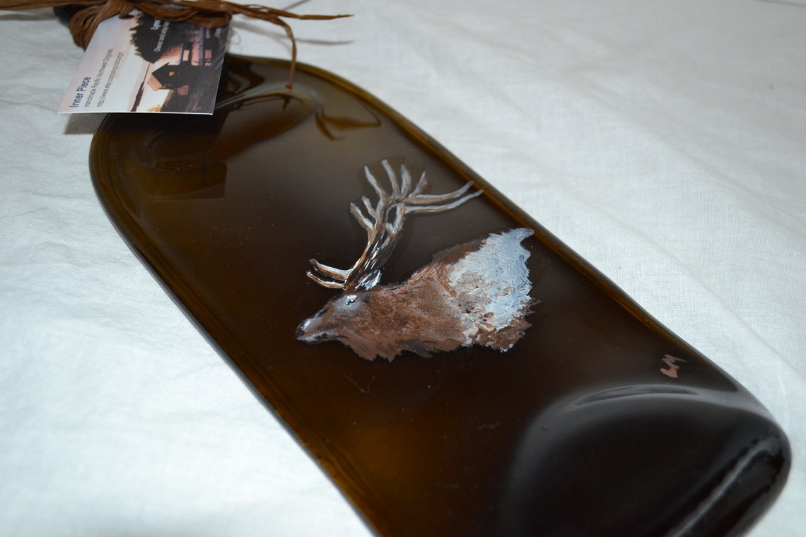 Hand Painted Elk Amber Brown Glass Wine Bottle Tray/platter - Etsy