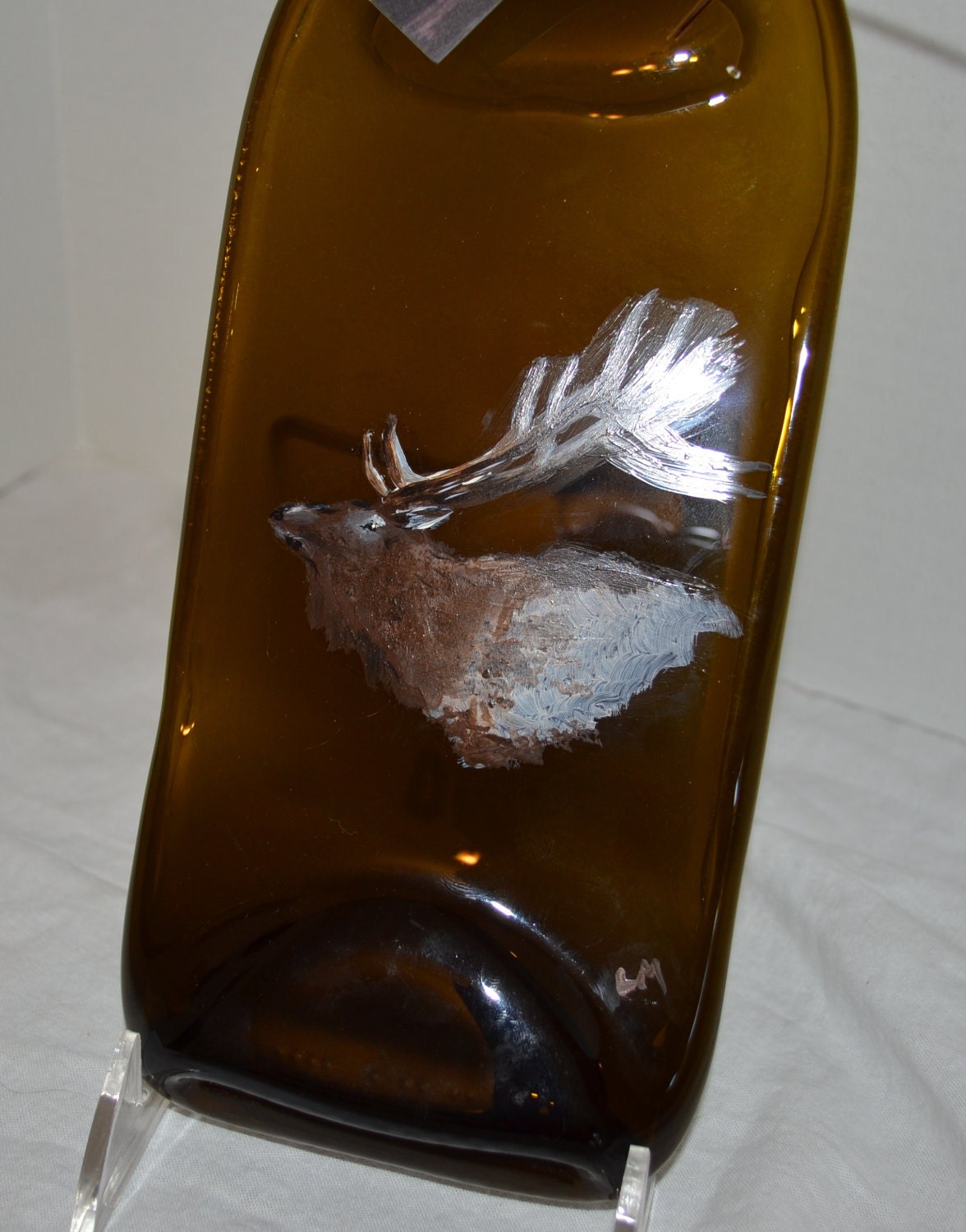 Hand Painted Elk Amber Brown Glass Wine Bottle Tray/platter - Etsy