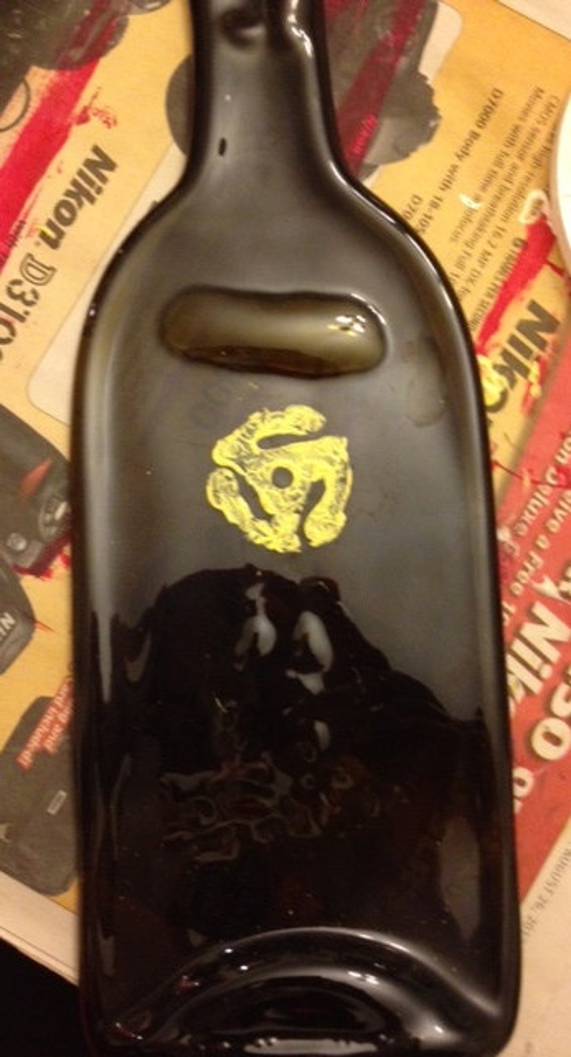 Record 45 LP Insert Handpainted Brown Glass Wine Bottle Cheese Tray ...