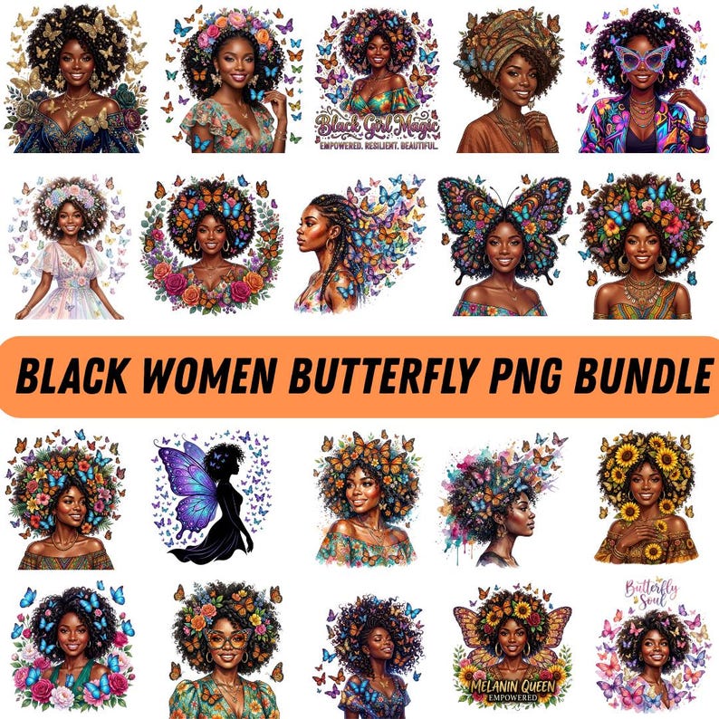 Black Women Butterfly PNG Bundle, Melanin Queen Sublimation Designs ...