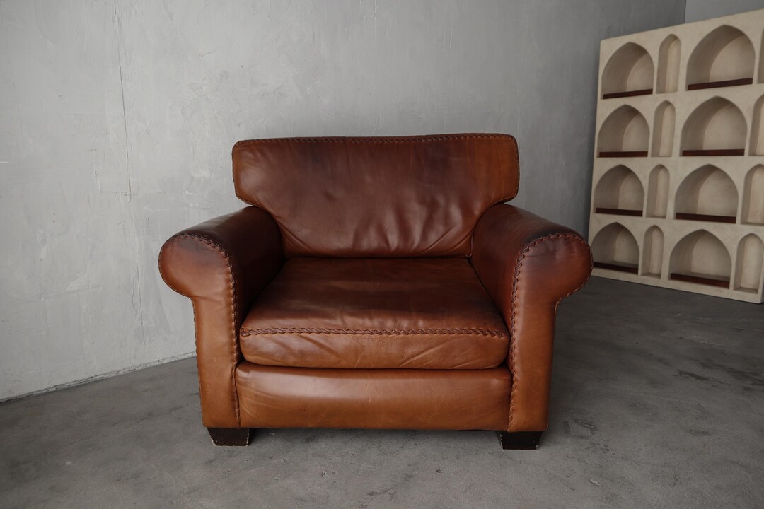 Vintage Patinated Leather Baseball Stich Lounge Chair and Ottoman - Etsy