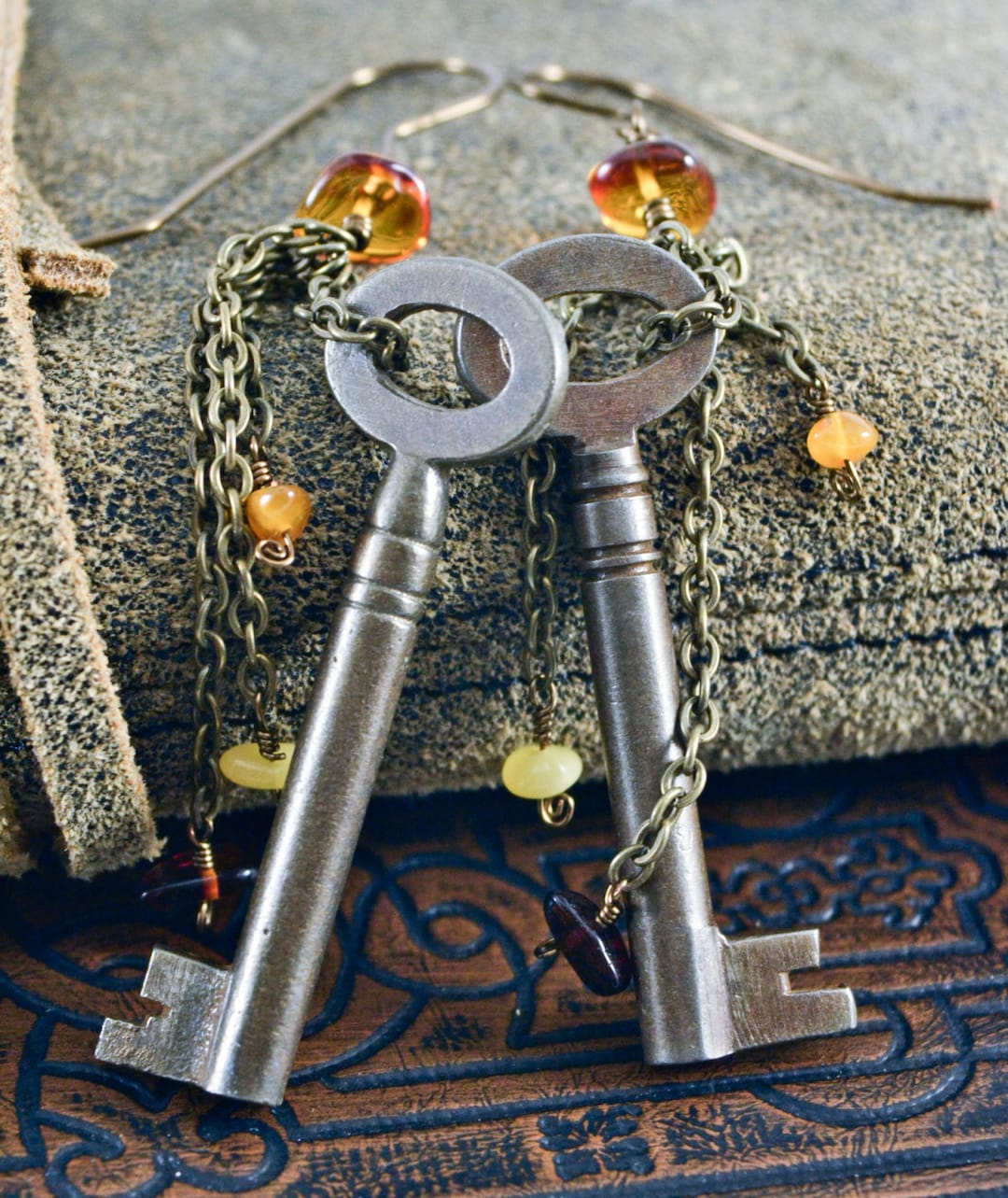 Antique Key Earrings- Amber Earrings- Key and Amber Earrings- Skeleton ...