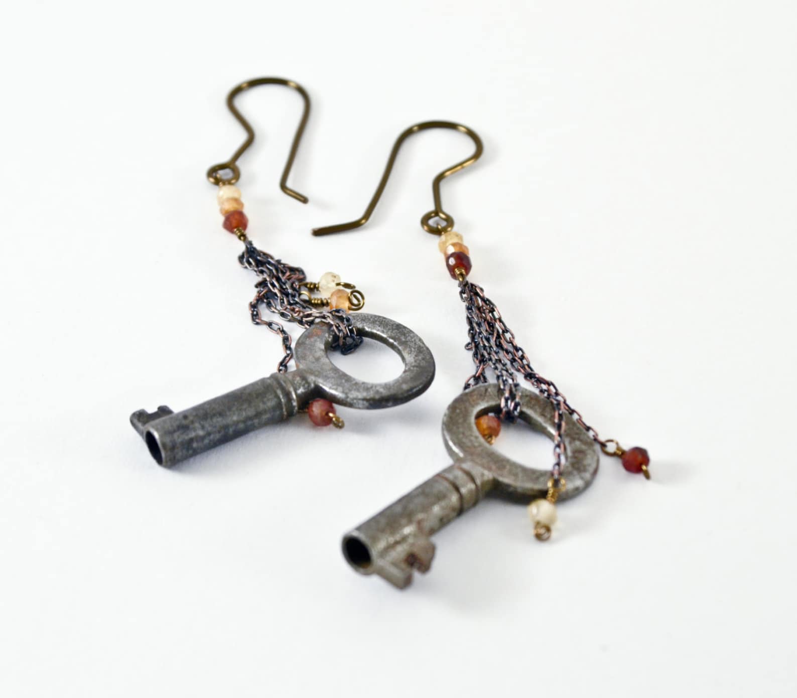 Antique Key Earrings- Amber Earrings- Key and Amber Earrings- Skeleton ...