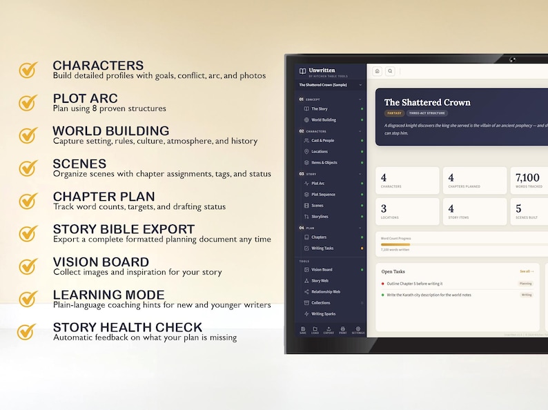 Writing Planner HTML Tool: Novel Story Bible, Character Builder, Plot ...
