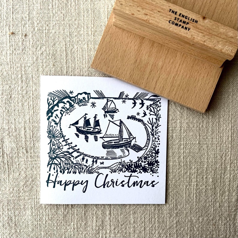 Coastal Christmas Rubber Stamp: Ships in Bay, Holiday Card Making - Etsy