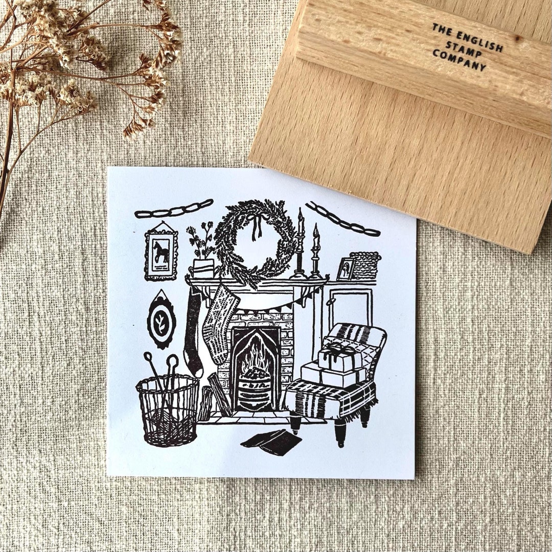 Cozy Fireside Christmas Scene Rubber Stamp for Holiday Cards, Crafts ...