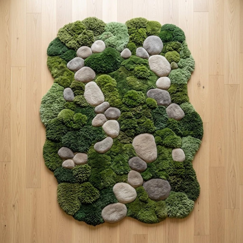 3D Moss Rug, Green Forest Floor Area Rug, Hand Tufted River Stone Wool ...