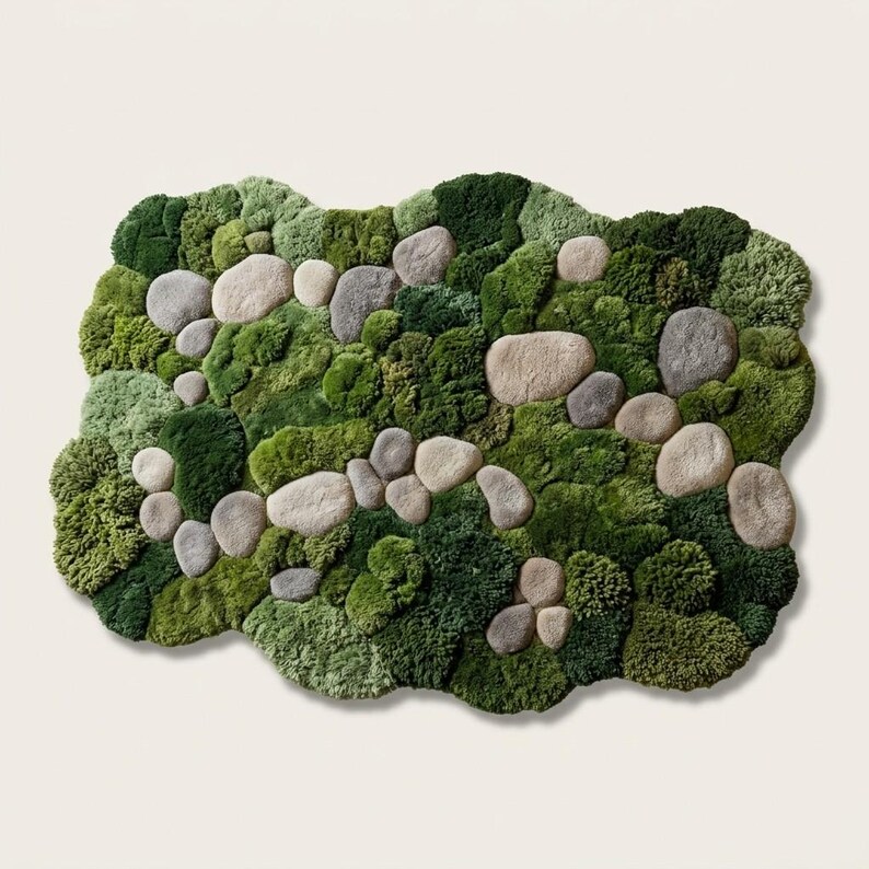 3D Moss Rug, Green Forest Floor Area Rug, Hand Tufted River Stone Wool ...