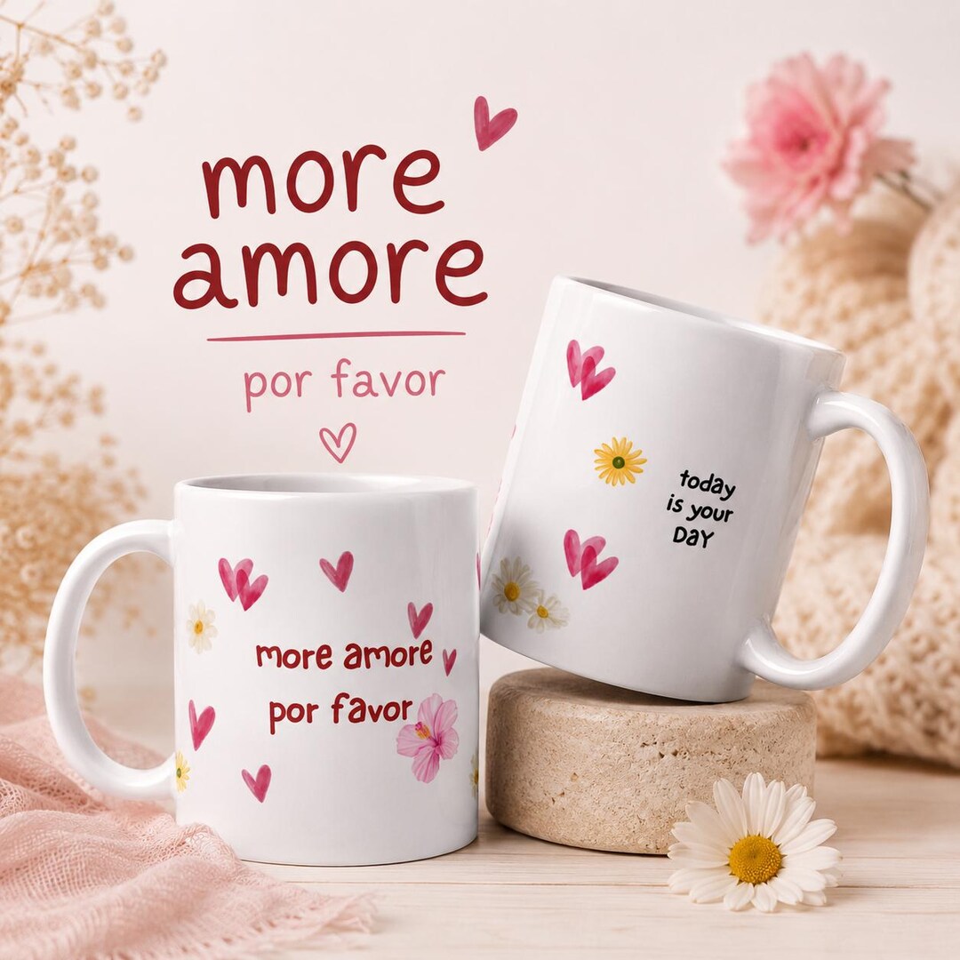 More Amore Por Favor – Romantic Ceramic Mug With Heart and Flower Motif ...