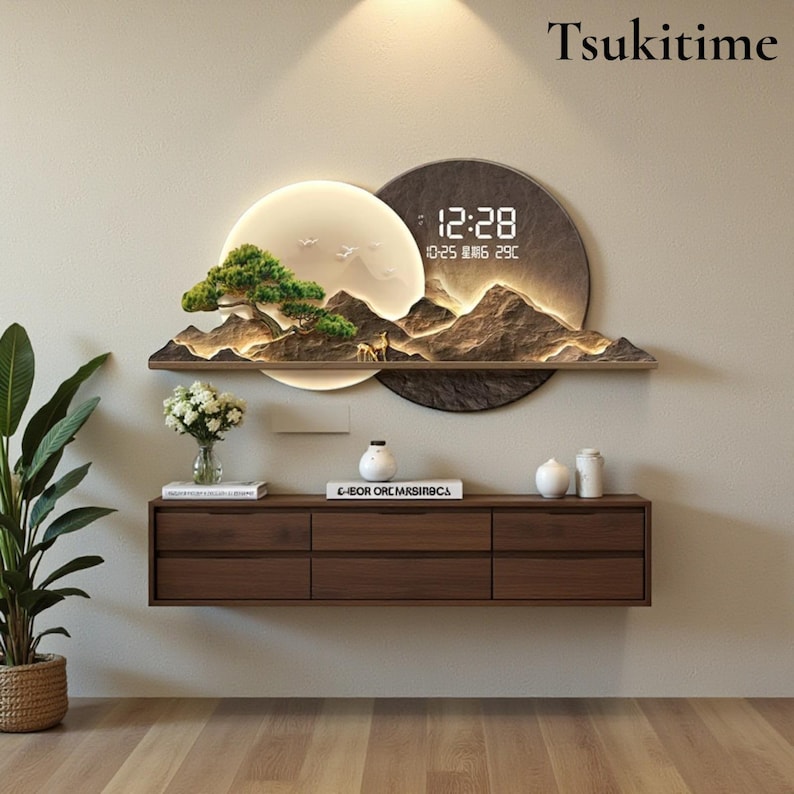 LED Modern Wall Clock With 3D Mountain Landscape Art, Digital Display ...
