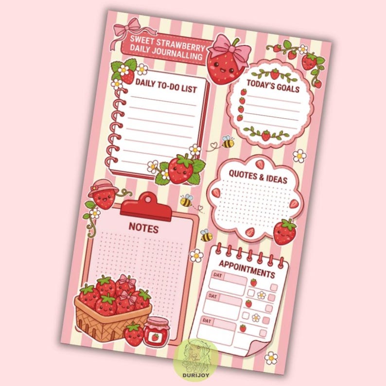 Strawberry Planner Printable Set 3 Pages, Kawaii Strawberry Coquette ...