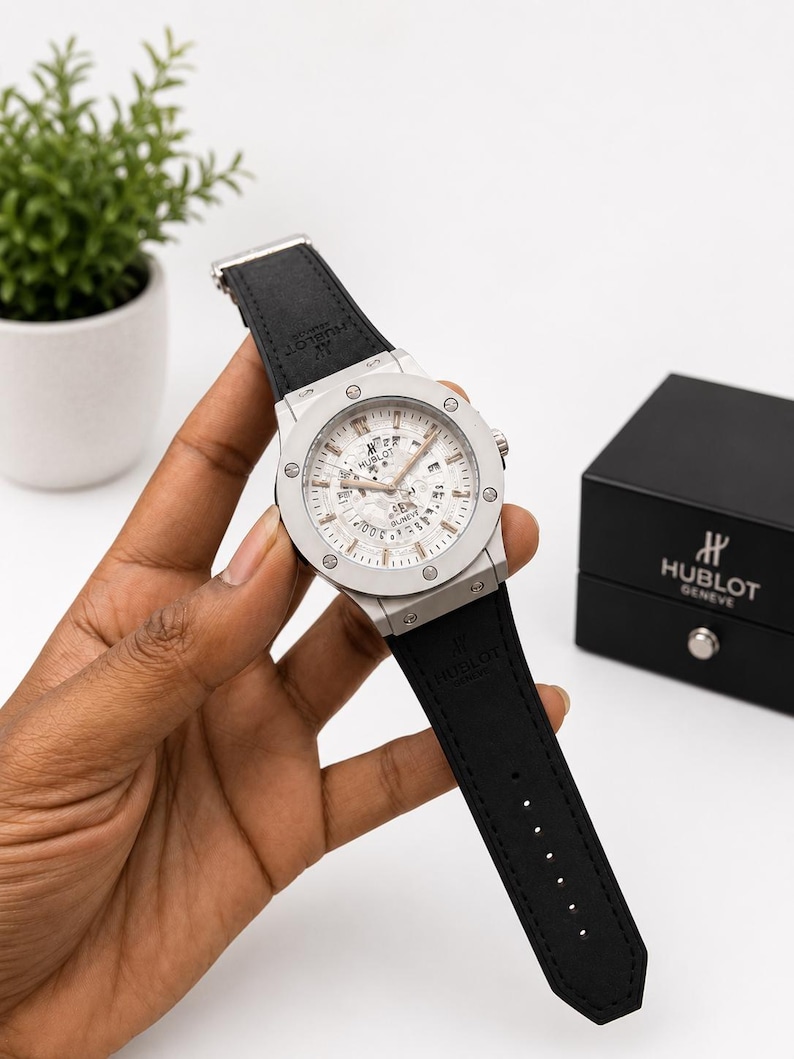 Men's Automatic Mechanical Watch, White Dial, Black Metal Strap, Luxury ...