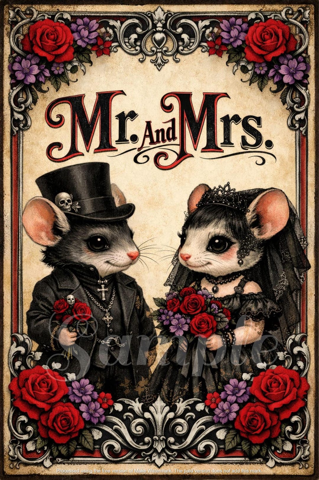 Gothic Mice Wedding Card, Goth Bride and Groom (print and Fold) - Etsy
