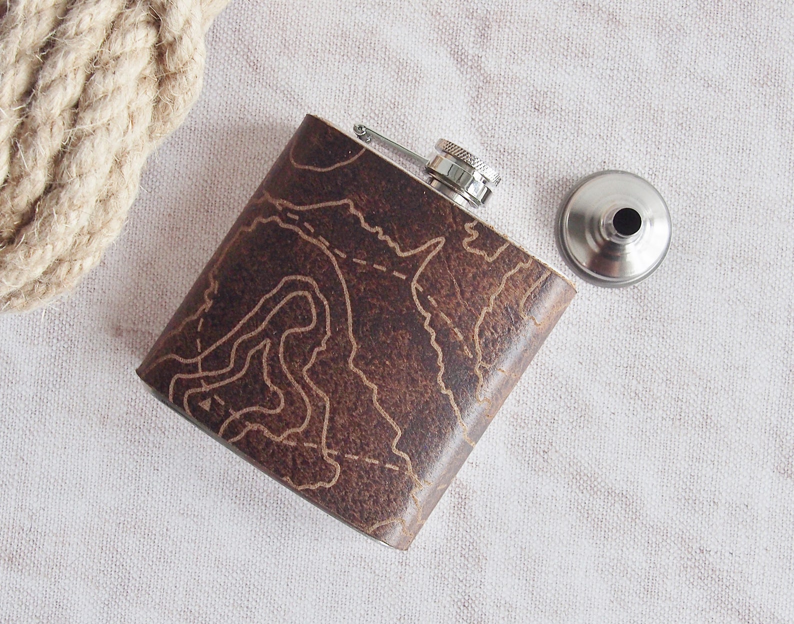 Three Peaks Leather Flask Topography Hip Flask Personalised - Etsy