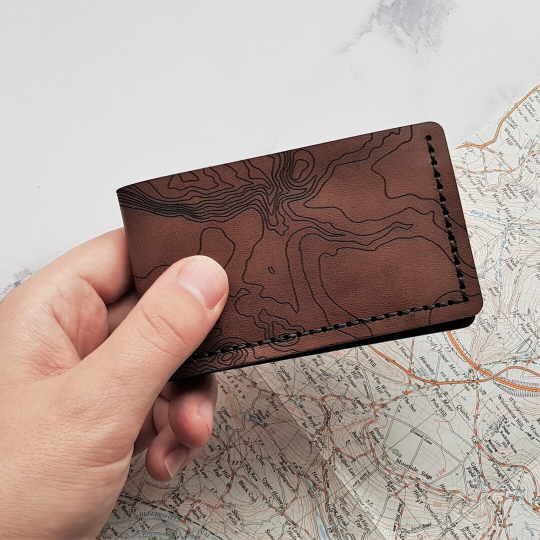 Custom Topography Leather Wallet: Personalized Topo Engraved Bi-fold - Etsy