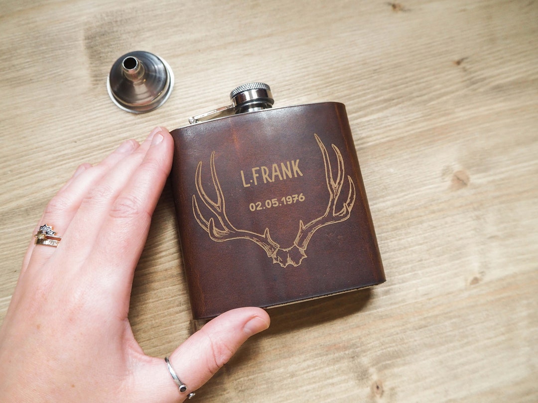Personalized Leather Hip Flask: Antler Design, Custom Whiskey Bottle - Etsy