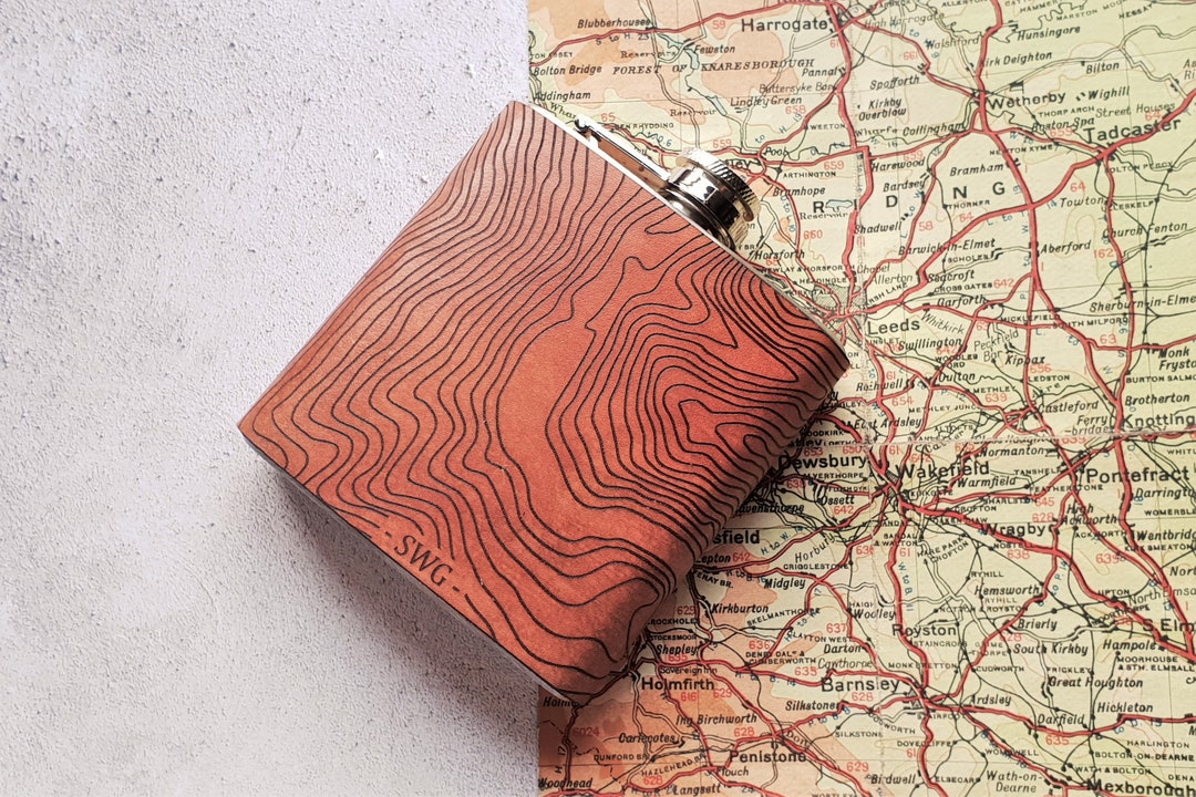 Custom Topographic Map Leather Flask: Personalized Hiking Gift - Etsy