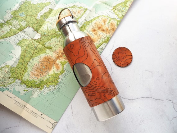 Topography Leather Water Bottle Adventure Insulated Flask | Etsy