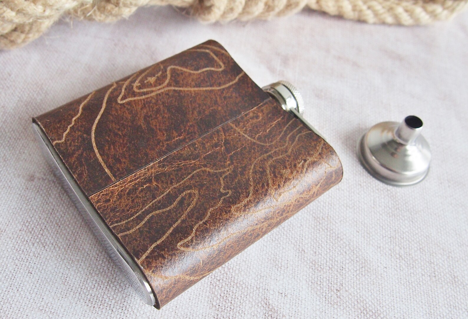 Three Peaks Leather Flask Topography Hip Flask Personalised - Etsy