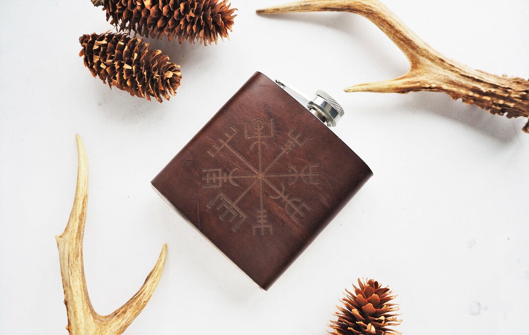 Vegvisir Leather Hip Flask, Hand Engraved Viking Rune, Personalized ...
