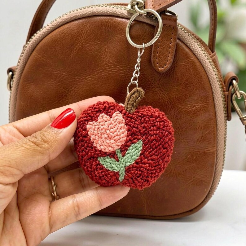 Handmade Tulip Apple Punch Needle Keychain, Fiber Art Bag Charm - Etsy