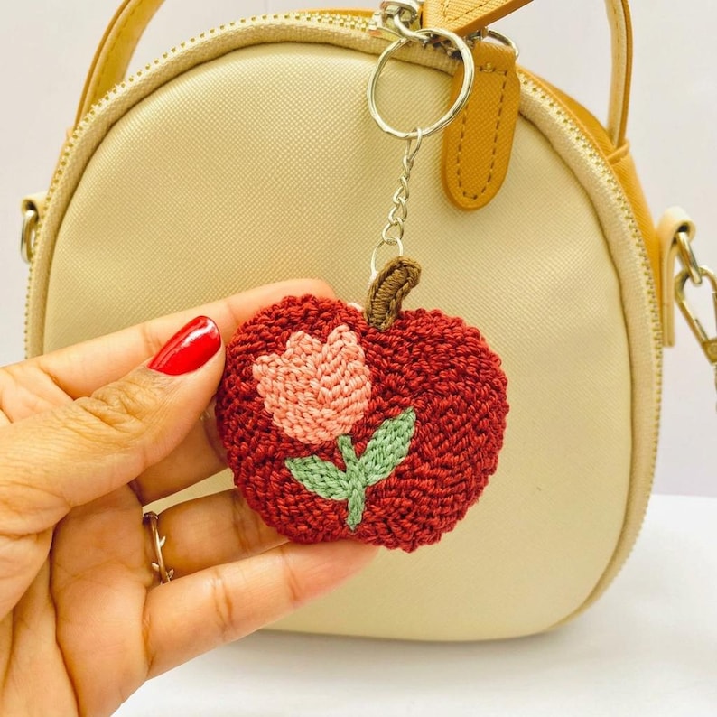 Handmade Tulip Apple Punch Needle Keychain, Fiber Art Bag Charm - Etsy