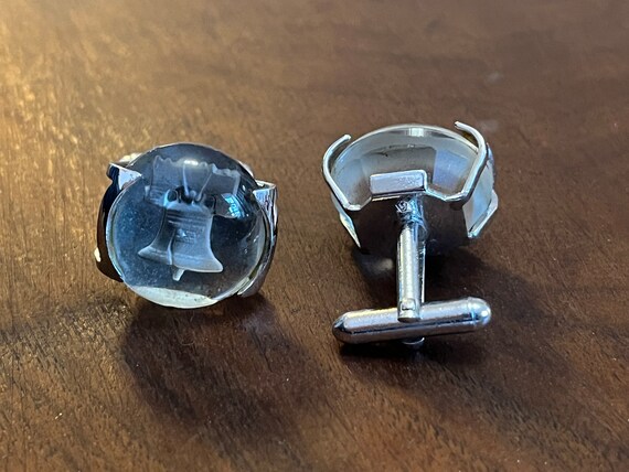 Vintage SWANK Carved Crystal Liberty Bell Cufflinks - Gem