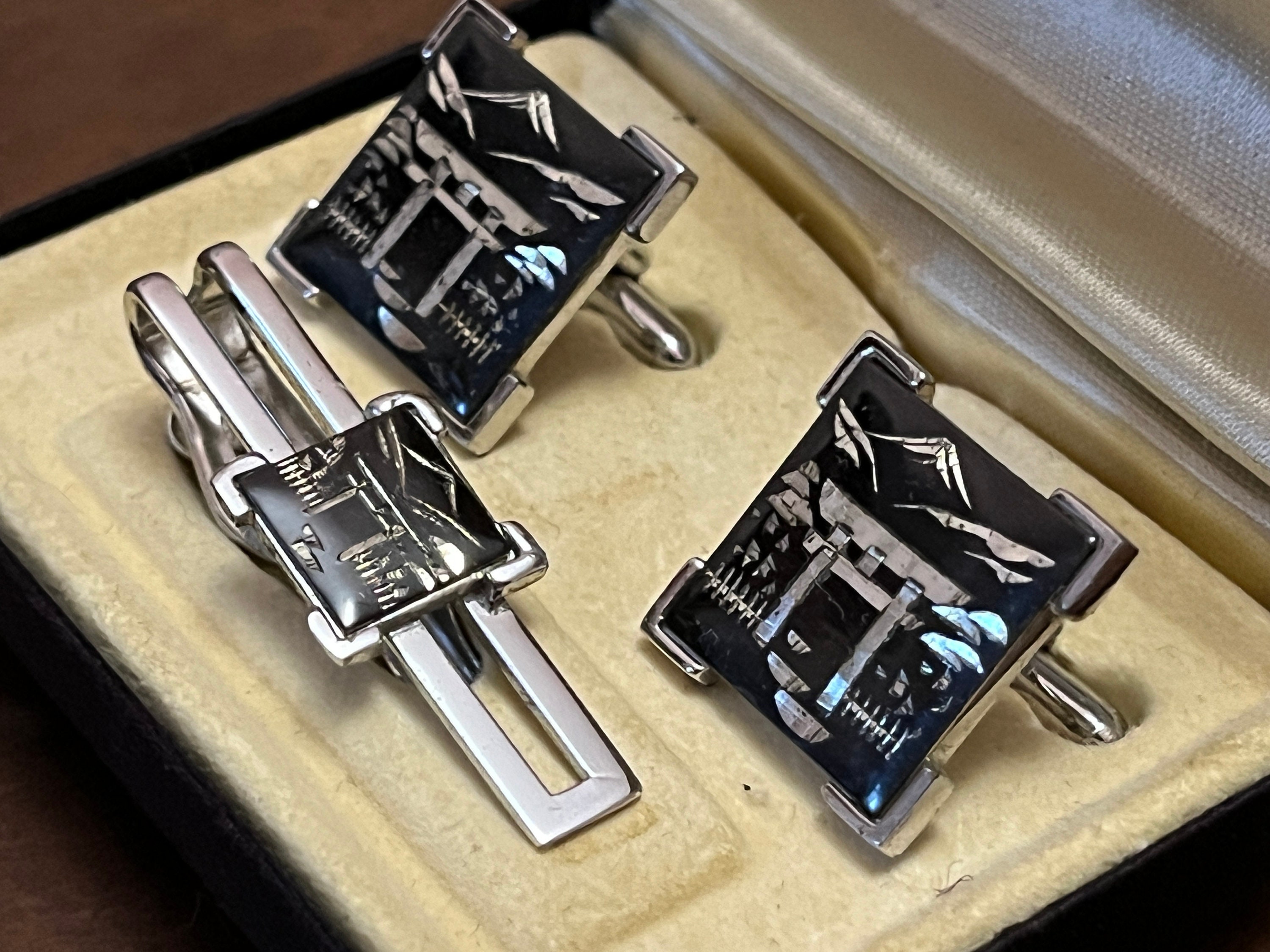 Vintage SWANK Asian Themed Sterling Silver-etched Cufflink Set in ...