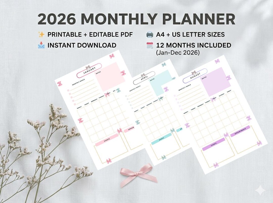 2026 Monthly Planner Printable, Editable Pastel Calendar (digital ...