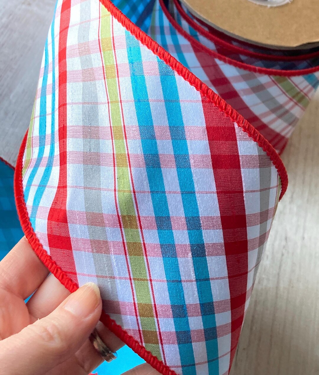 Red, Turquoise & Lime Green Plaid Ribbon, Lined in Turquoise, Wired ...