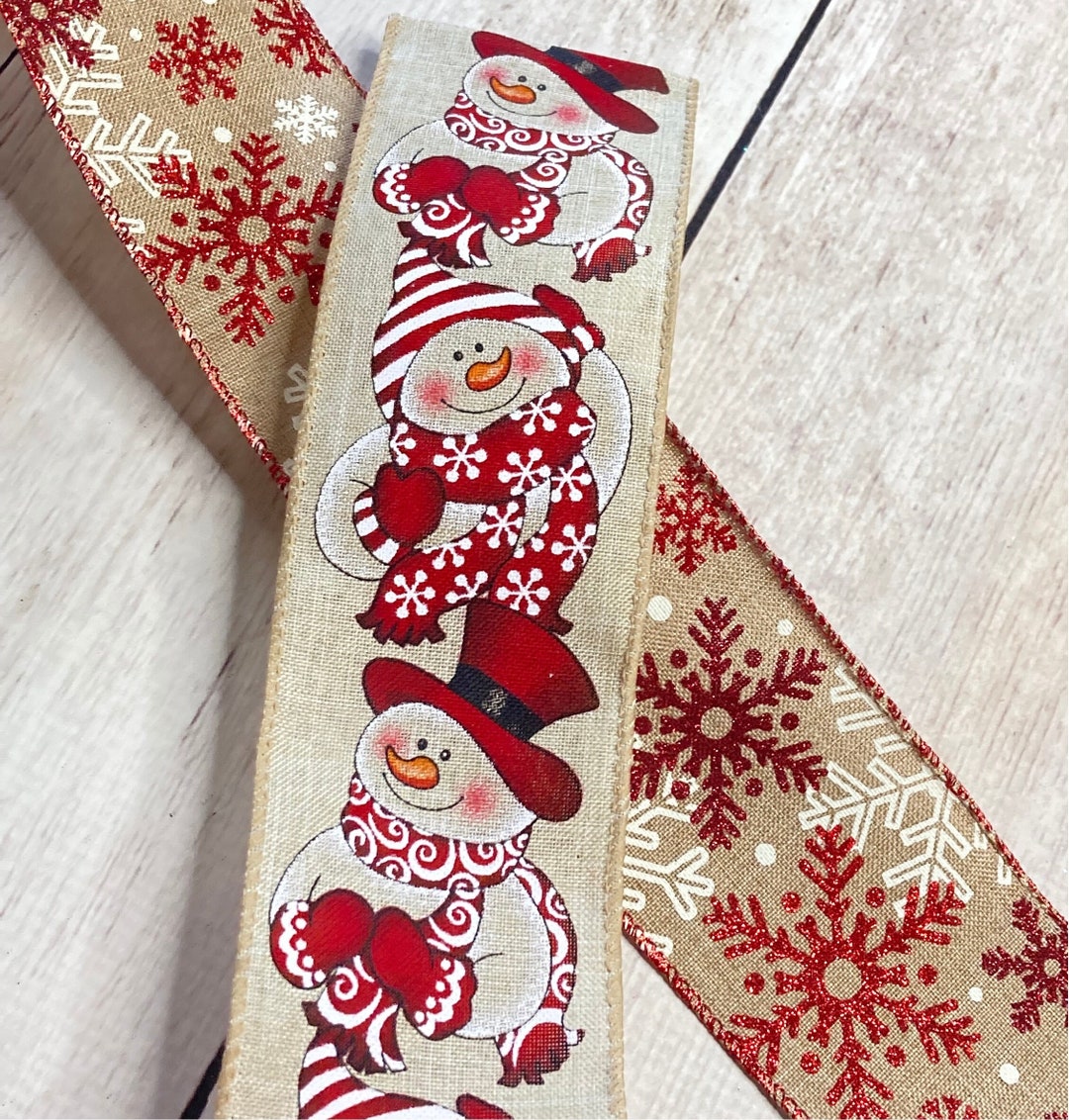 Snowman and Snowflake Christmas Ribbon, Red Winter Ribbon, 40 Ribbon, 2 ...