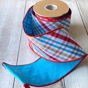 Red, Turquoise & Lime Green Plaid Ribbon, Lined in Turquoise, Wired ...