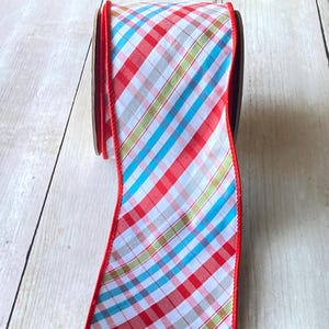 Red, Turquoise & Lime Green Plaid Ribbon, Lined in Turquoise, Wired ...