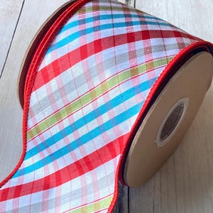 Red, Turquoise & Lime Green Plaid Ribbon, Lined in Turquoise, Wired ...