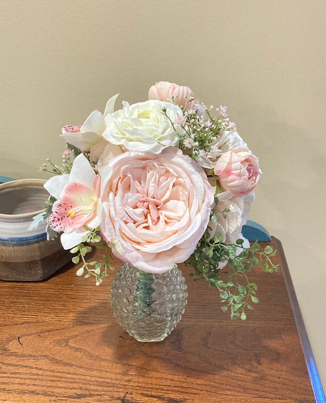 Mix of Light Pink Faux Flower Vase Arrangement, Artificial Flowers ...