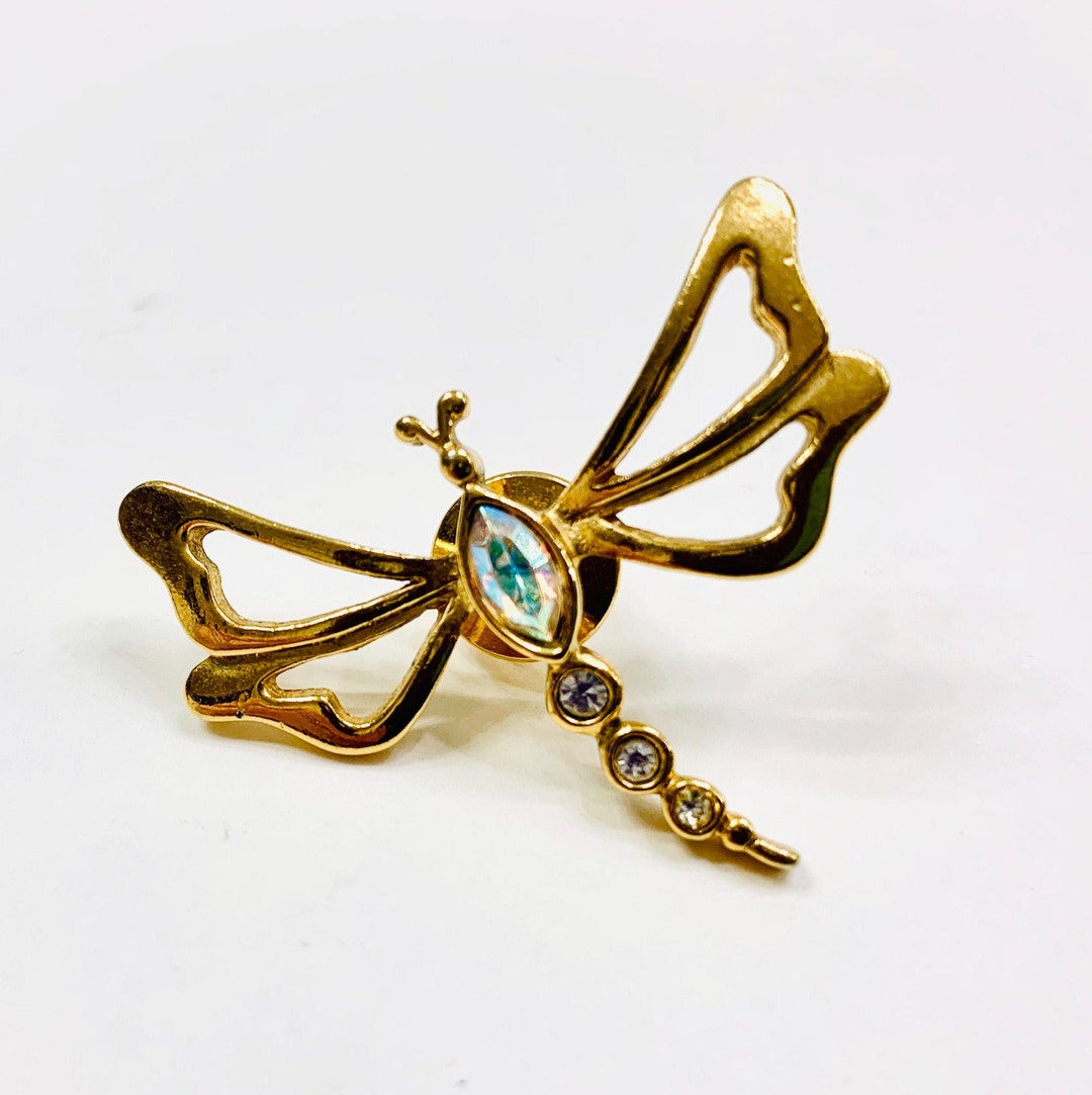 Avon Nature's Garden Dragonfly Brooch, Gold Dragonfly Pin, Rhinestone ...