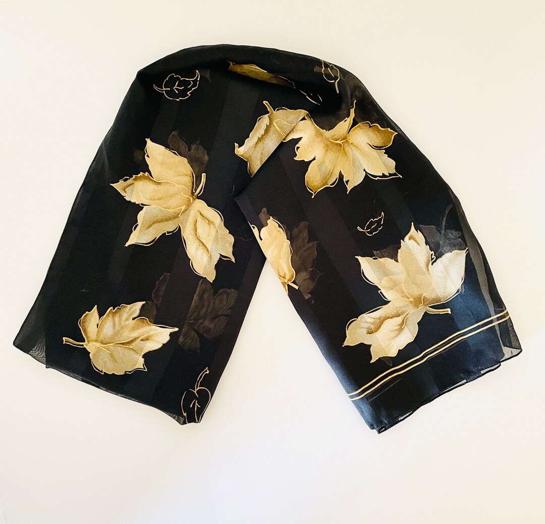 Black & Gold Leaves Scarf, Semi-sheer Polyester Scarf, Long Oblong Scarf, Fall Accessory for ...