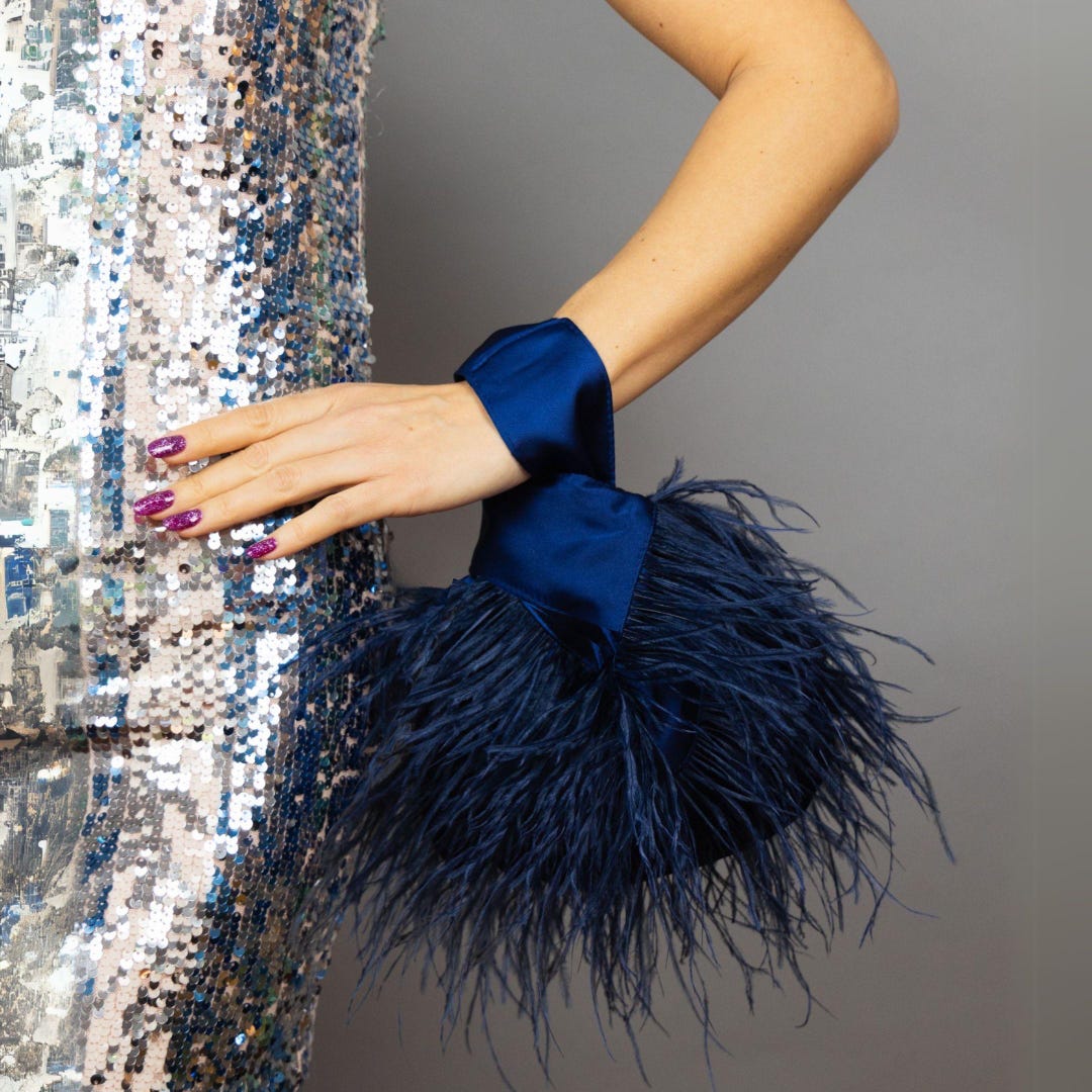 Ostrich Feathers Japanese Knot Satin Bag, Feathers Purse, Navy Blue Bag ...