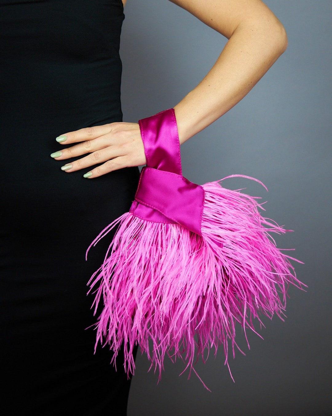 Japanese Knot Bag Feathers Purse Fuchsia Clutch Fuchsia Feathers Bag ...